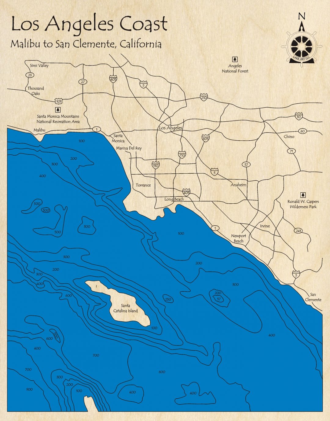 Los Angeles Coastline, CA 3-D Nautical Wood Chart, 14" x 18"