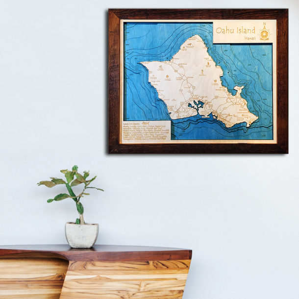 Oahu, HI 3D Nautical Wood Map, Barnwood Frame, 14" x 18"