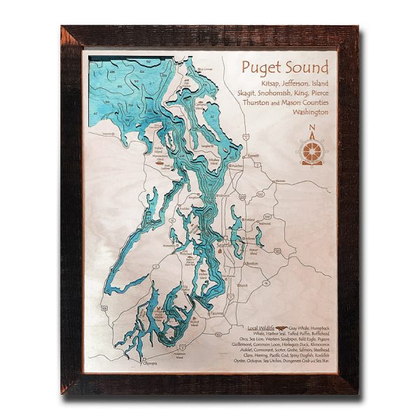 Puget Sound Wood Map | 3D Topographic Wood Chart