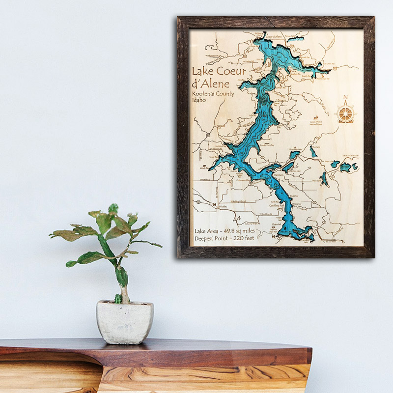 Lake Coeur d'Alene, ID - 3D Wood Map, Custom Nautical Map Art