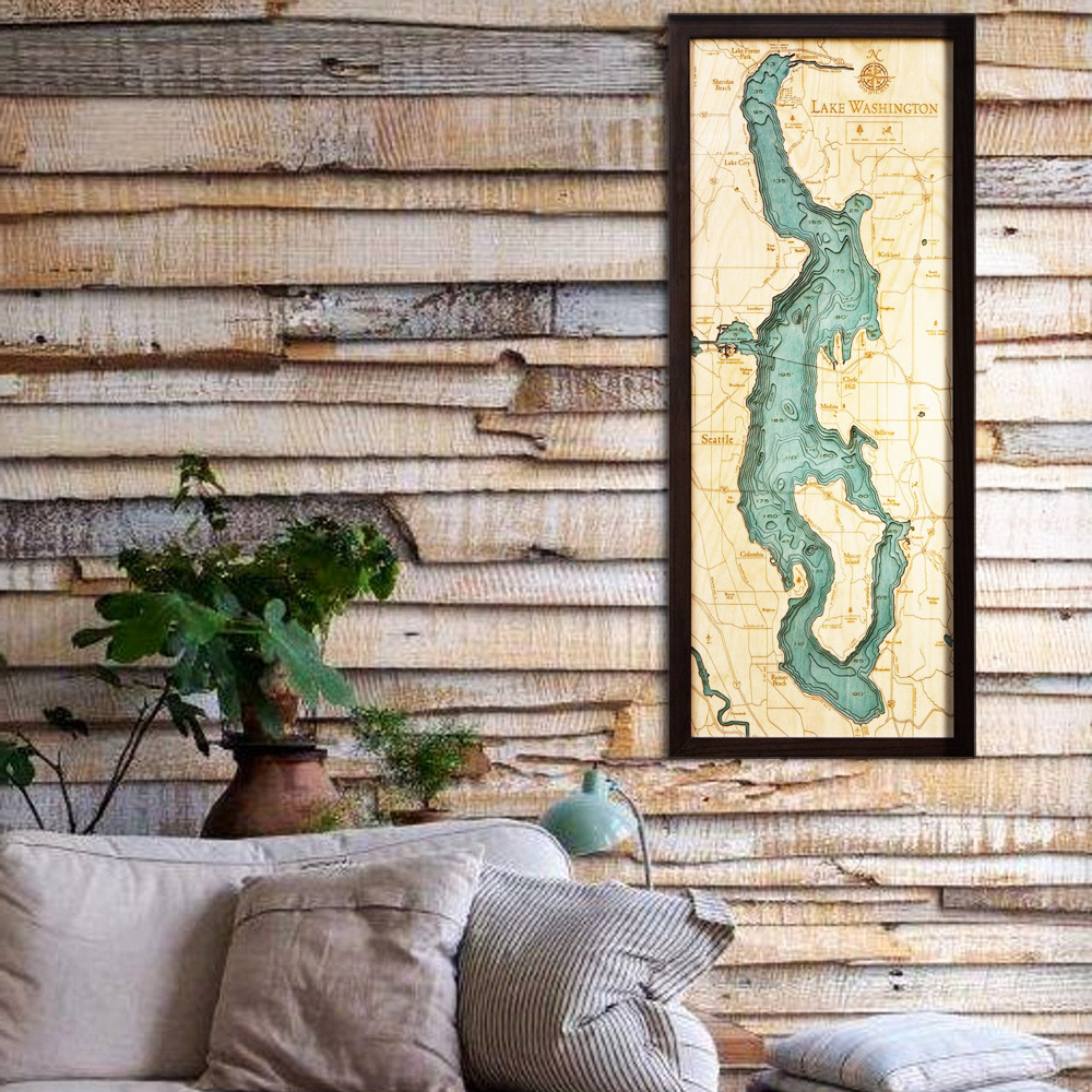 Lake Washington Wood Map | Framed 3D Topographic Wood Chart