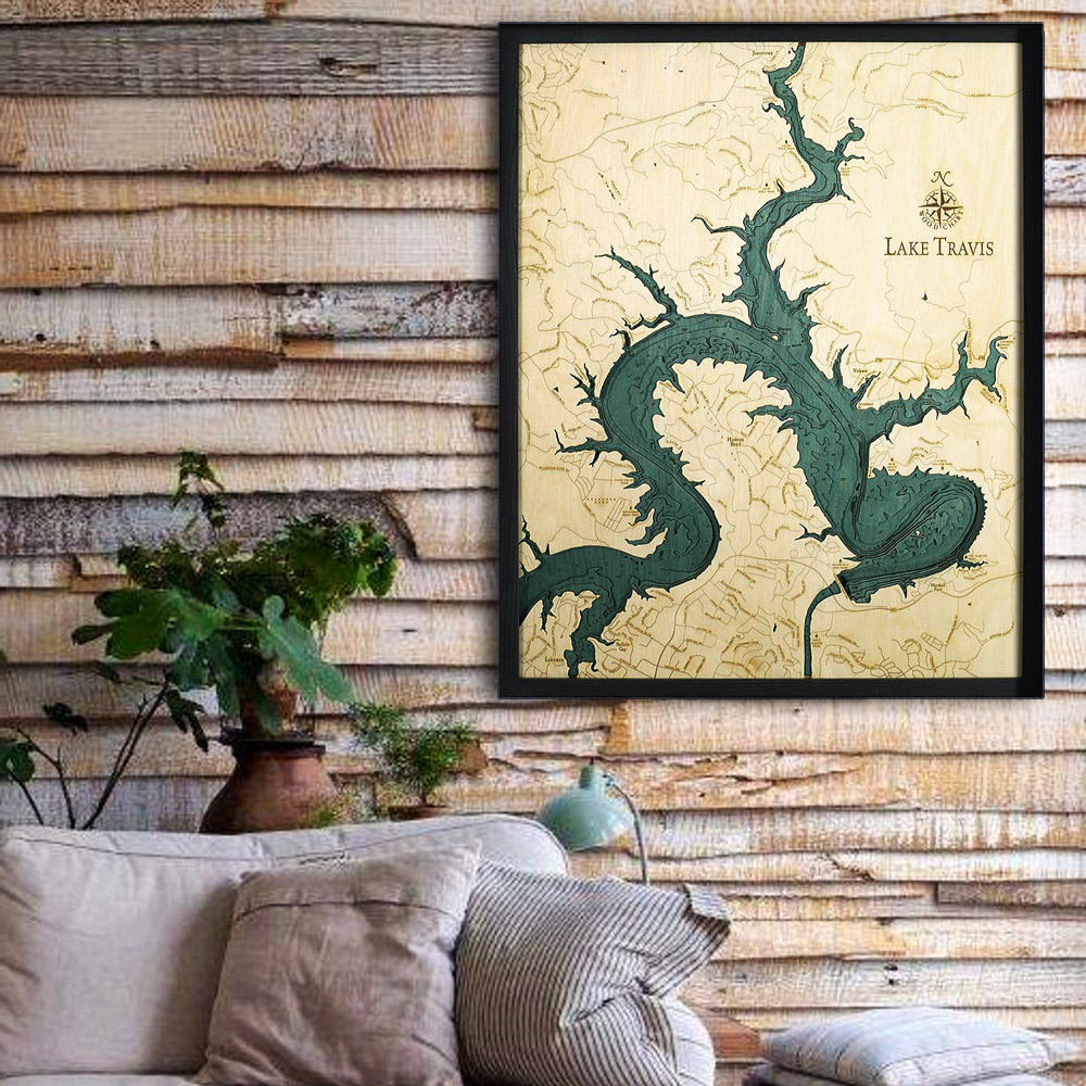 Lake Travis, TX 3D Wood Map | Framed 3D Topographic Wood Chart