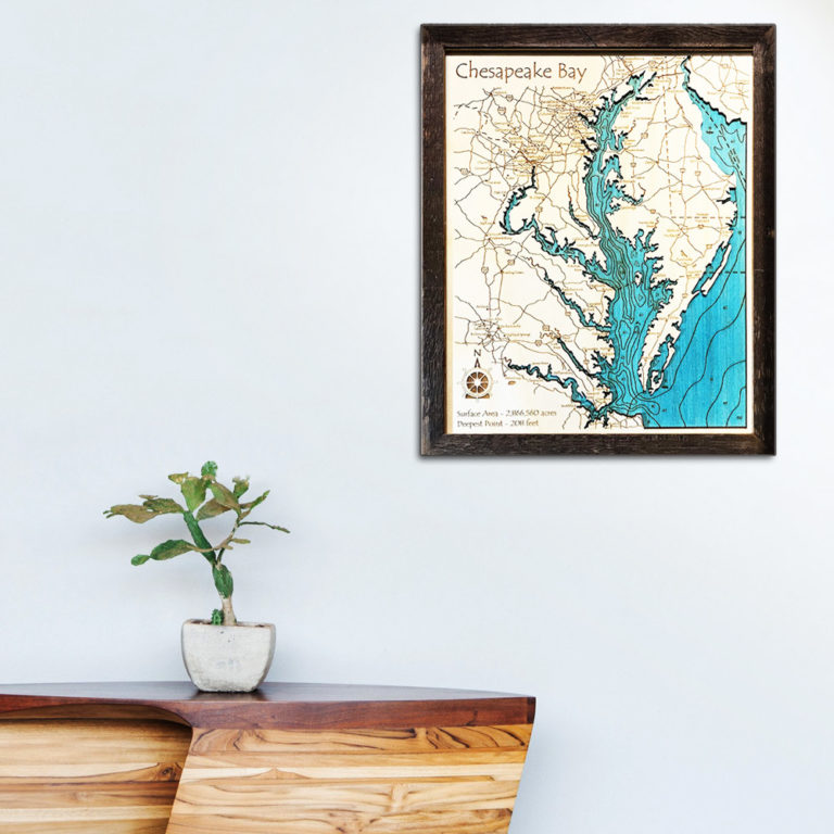 Chesapeake Bay, MD/VA Single-Depth Nautical Wood Chart, 11" x 14"