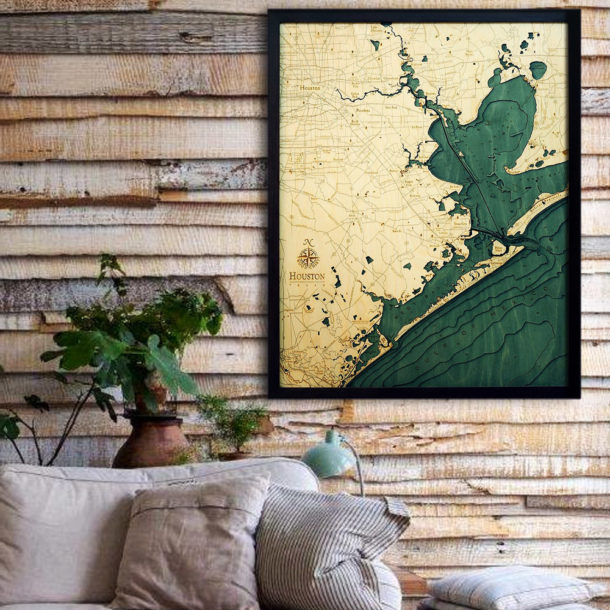 Houston and Galveston Wood Map | 3D Wood Chart, 24.5" x 31"