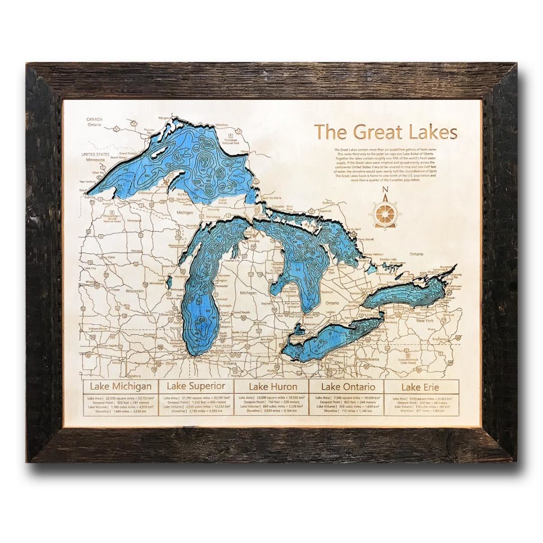Great Lakes Wood Map | Topographic Wood Chart, 11" x 14"