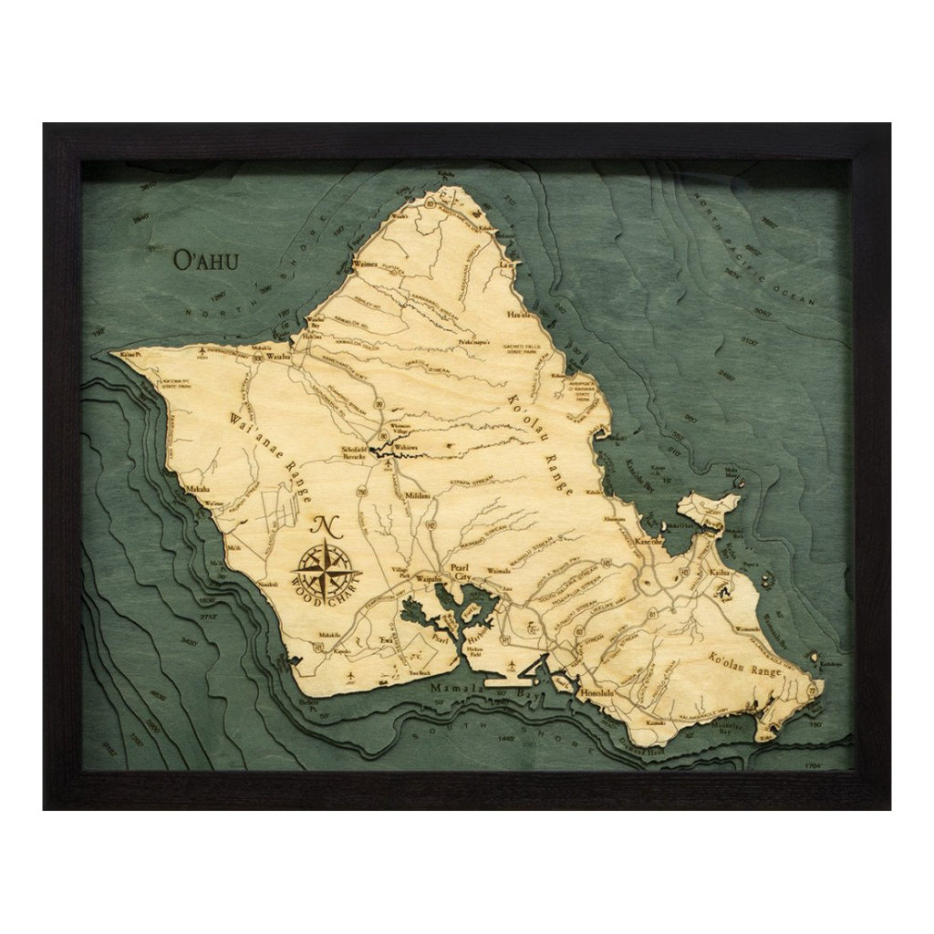 Oahu, Hawaii 3D Wood Map | Framed 3D Topographic Wood Chart