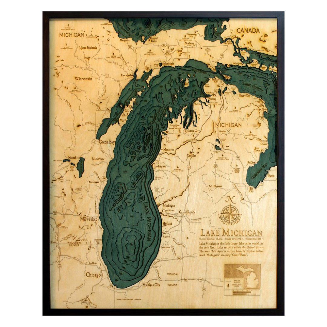 Lake Michigan 3D Nautical Wood Map, Nautical Chart, 24.5" x 31"