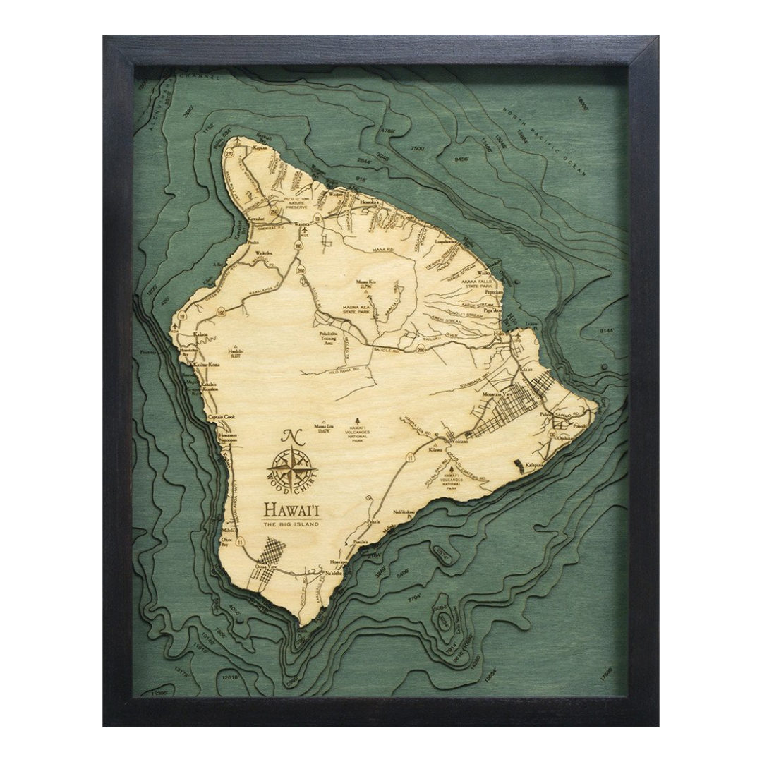 Hawaii (The Big Island) 3-D Nautical Wood Chart, 16" x 20"
