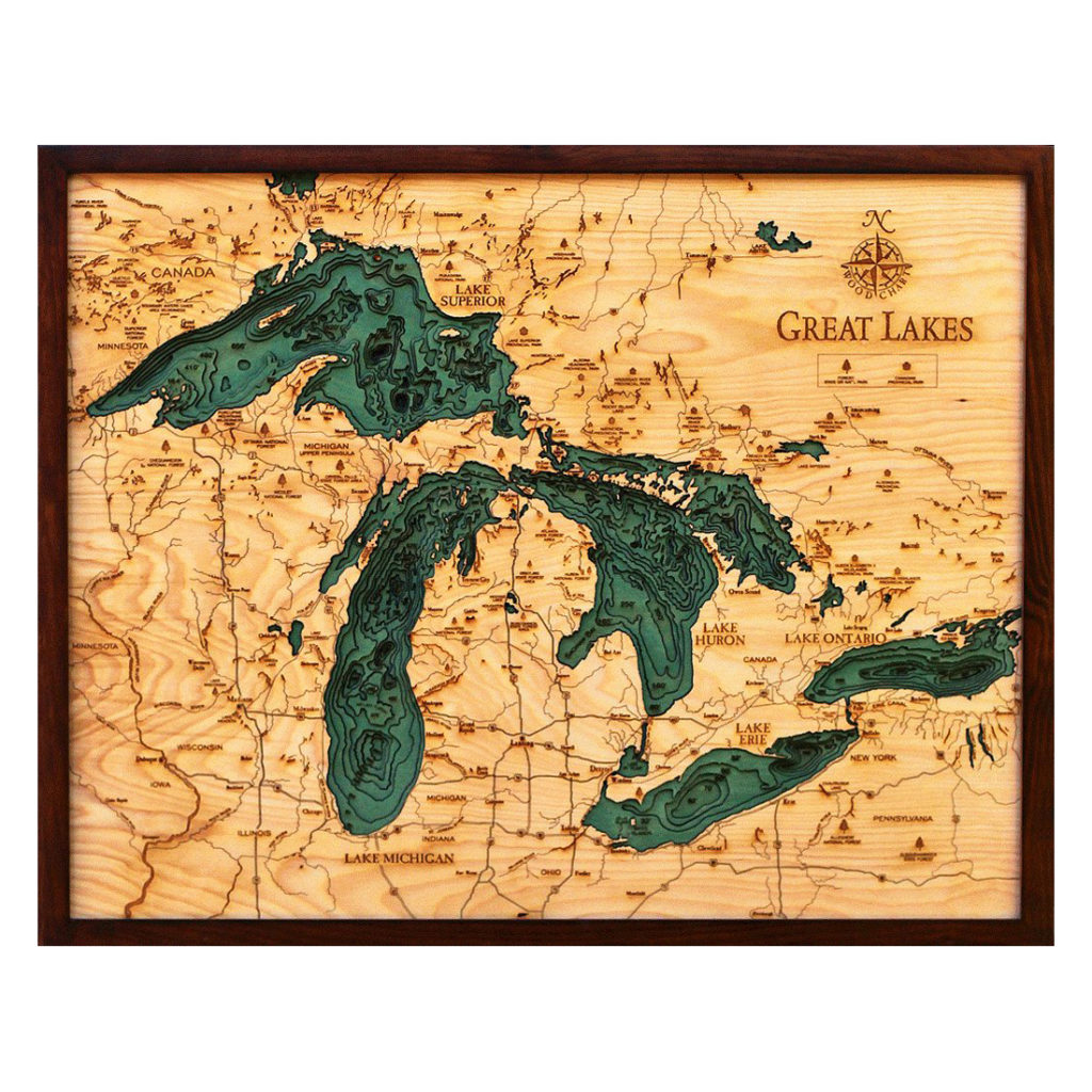 Great Lakes 3D Wood Map | 3D Topographic Wood Chart