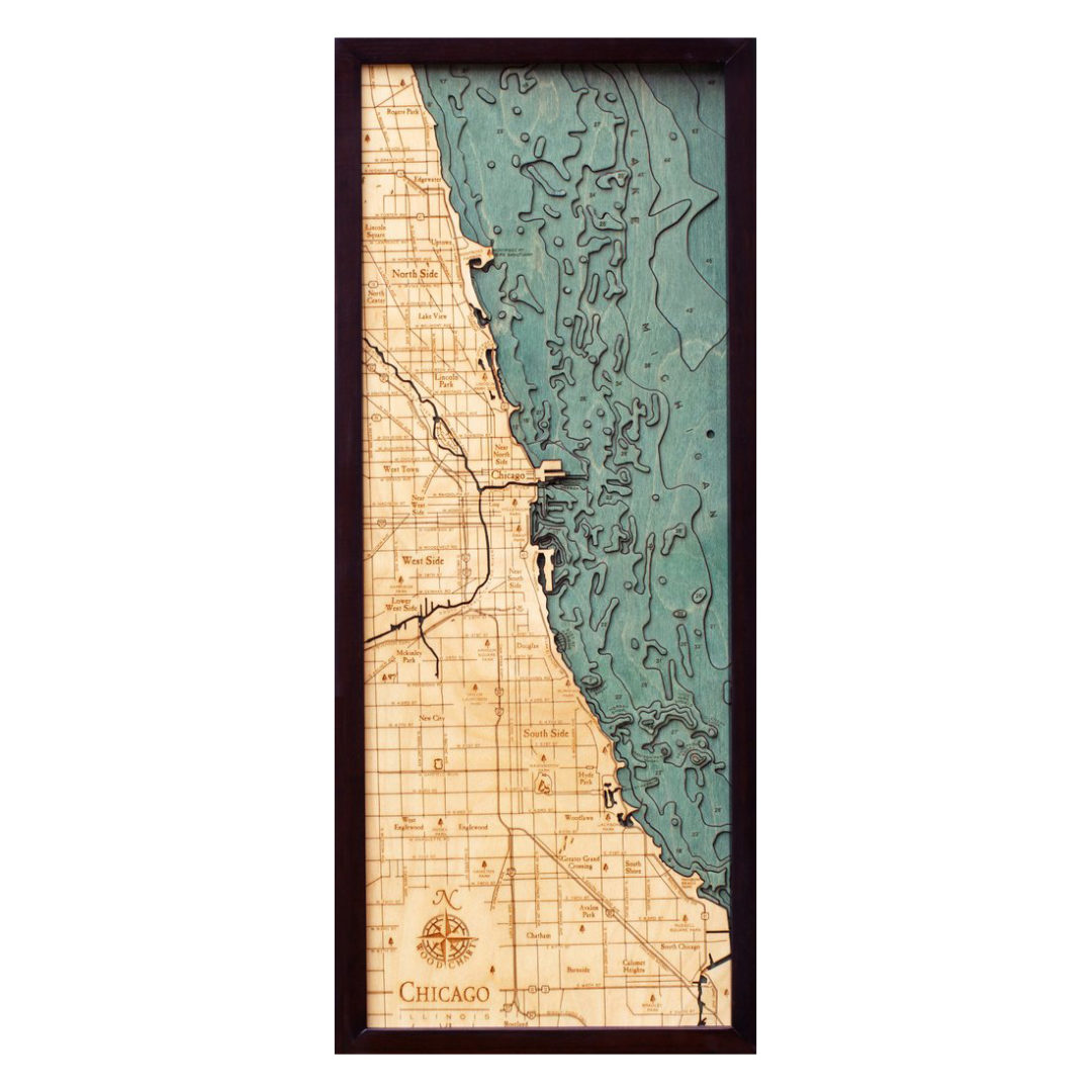 Chicago - Lake Michigan Wood Map | 3D Topographic Wood Chart, 13.5" x 31"