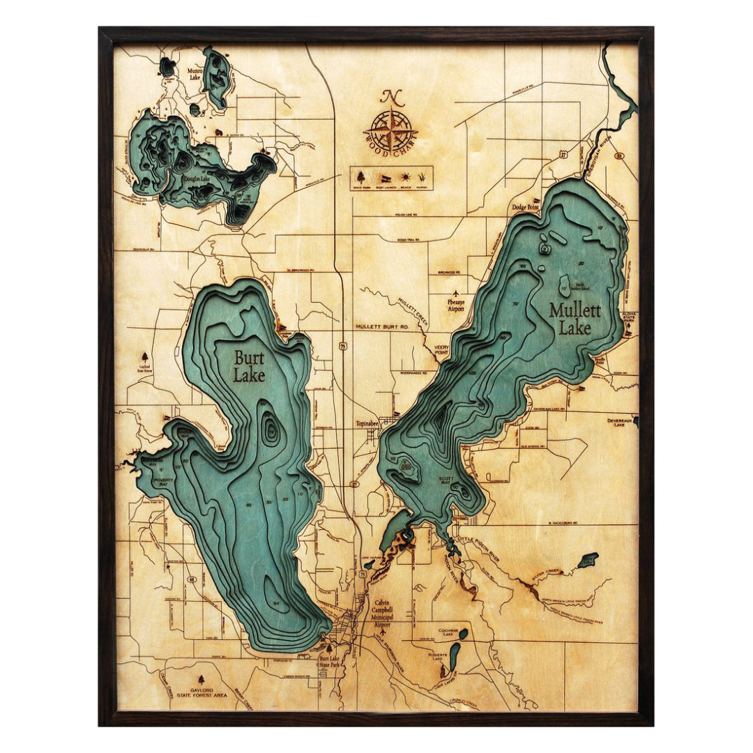 Burt & Mullet Lake, MI 3D Wood Map | 3D Topographic Wood Chart
