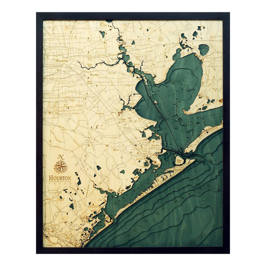 Houston and Galveston Wood Map | 3D Wood Chart, 24.5" x 31"