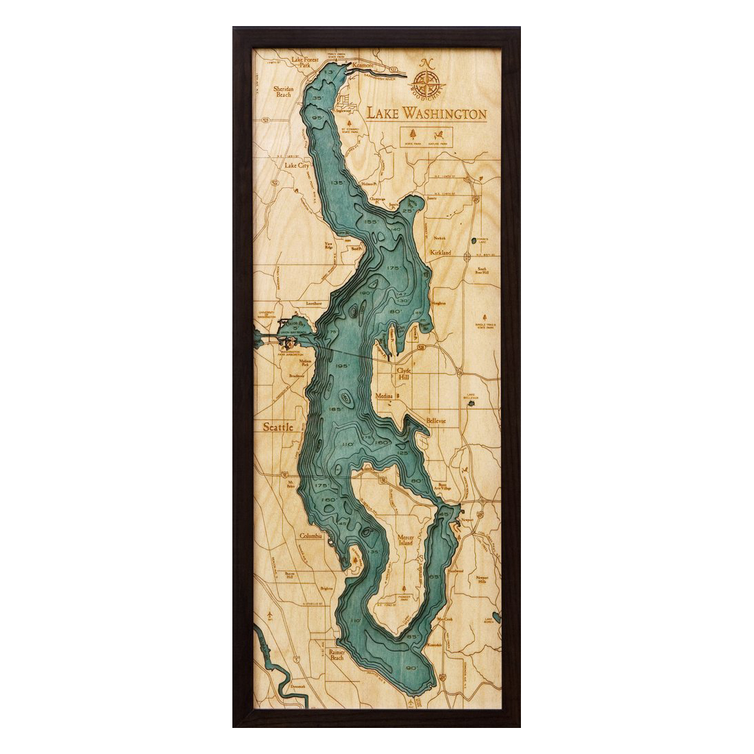 Lake Washington Wood Map | Framed 3D Topographic Wood Chart