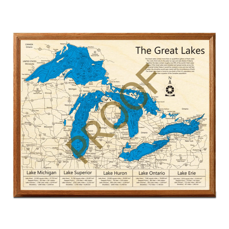 Great Lakes 3D Nautical Wood Map | 3D Framed Map