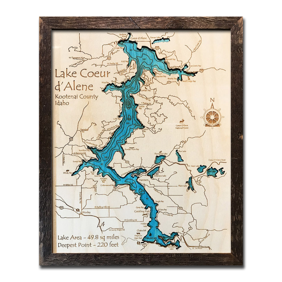 Lake Coeur d’Alene, ID Single-Depth Nautical Wood Chart, 11" x 14"