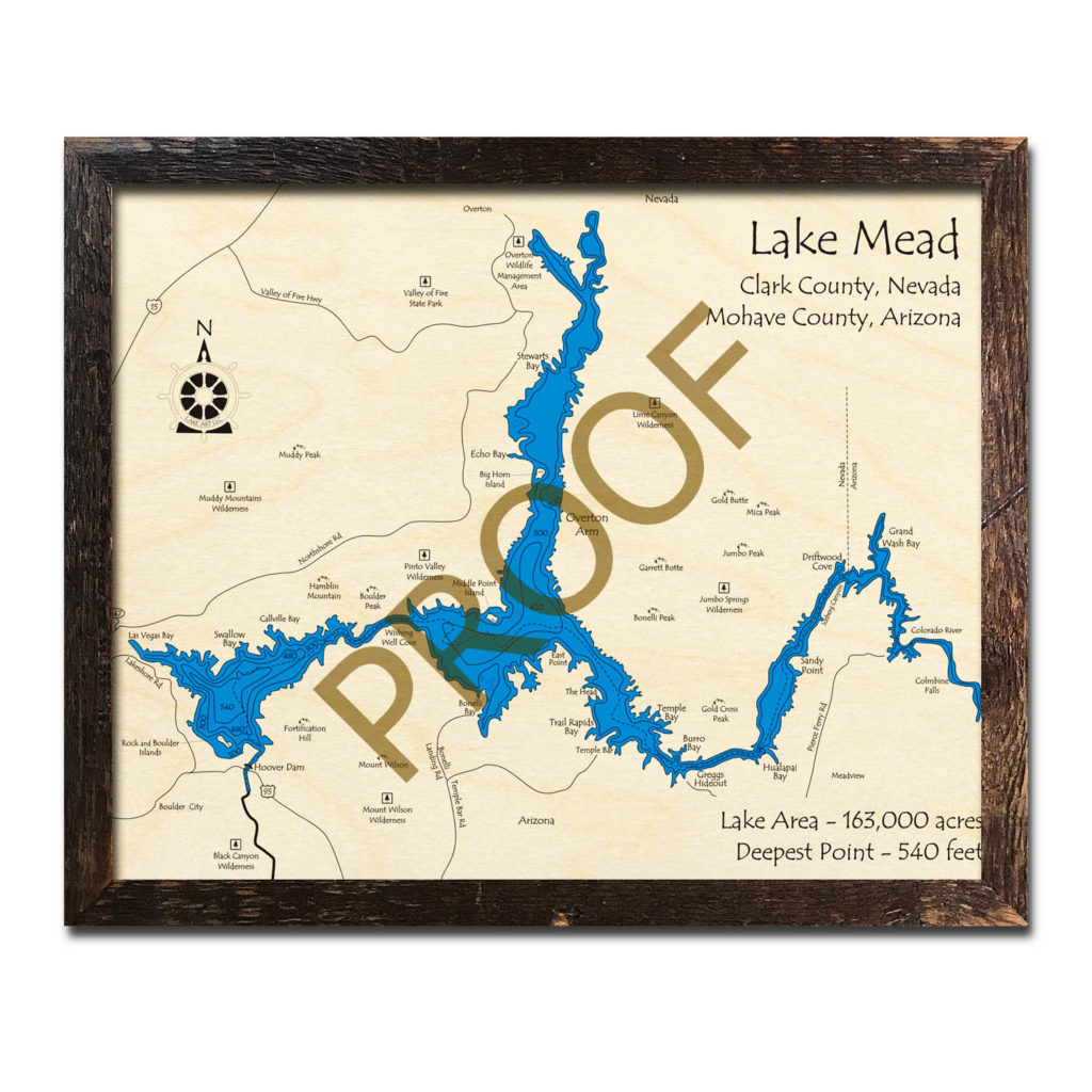 Lake Mead, AZ/NV 3D Nautical Wood Map, Barnwood Frame, 14" x 18"