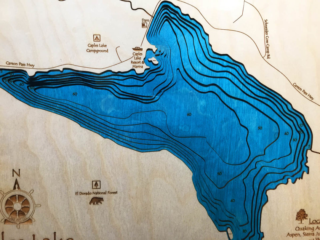 Caples Lake, CA 3-D Nautical Wood Map, 16" x 20"