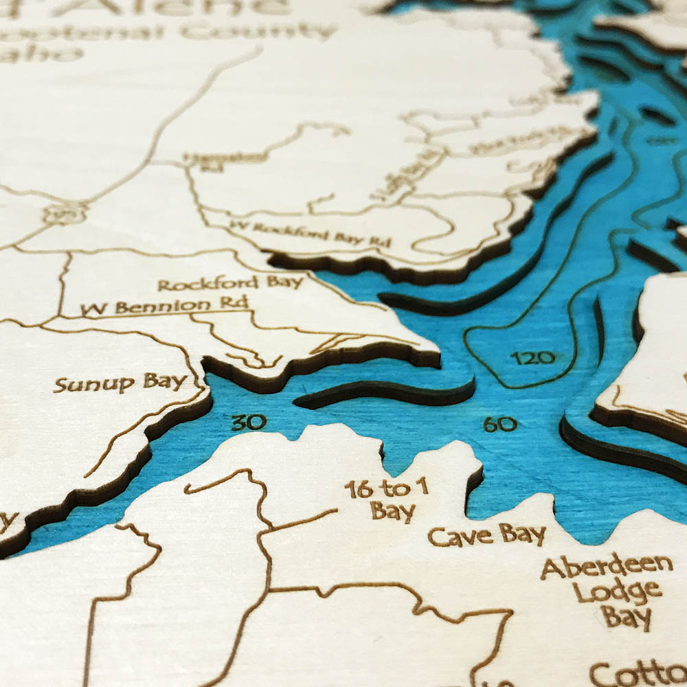 Lake Coeur d'Alene, ID - 3D Wood Map, Custom Nautical Map Art