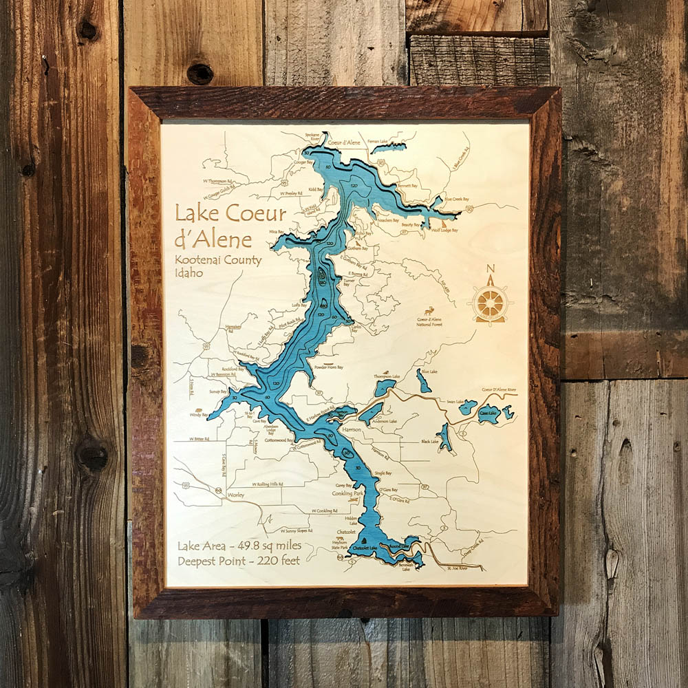 Lake Coeur d'Alene, ID - 3D Wood Map, Custom Nautical Map Art