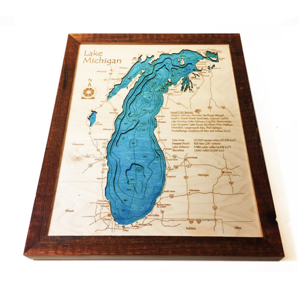 Lake Michigan Wood Map | 3D Topographic Wood Chart, 14" x 18"