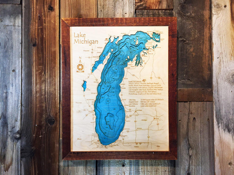 Lake Michigan Wood Map | 3D Topographic Wood Chart, 14" x 18"