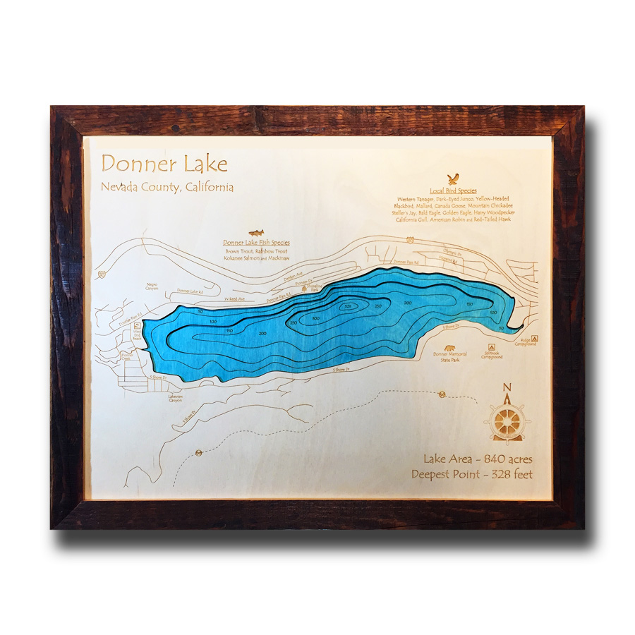 Donner Lake, CA 3-D Nautical Wood Map, 16" x 20"