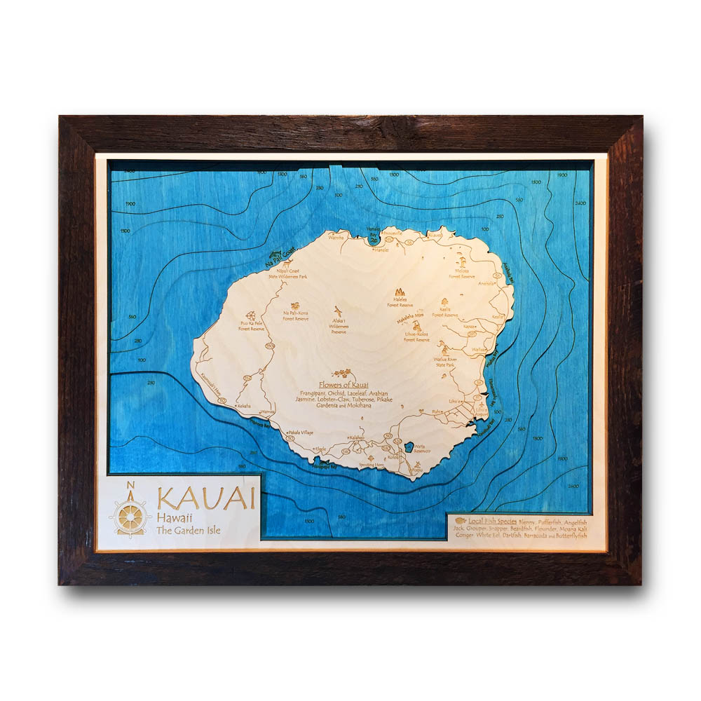 Kauai HI Single Depth Nautical Wood Chart 11 X 14 