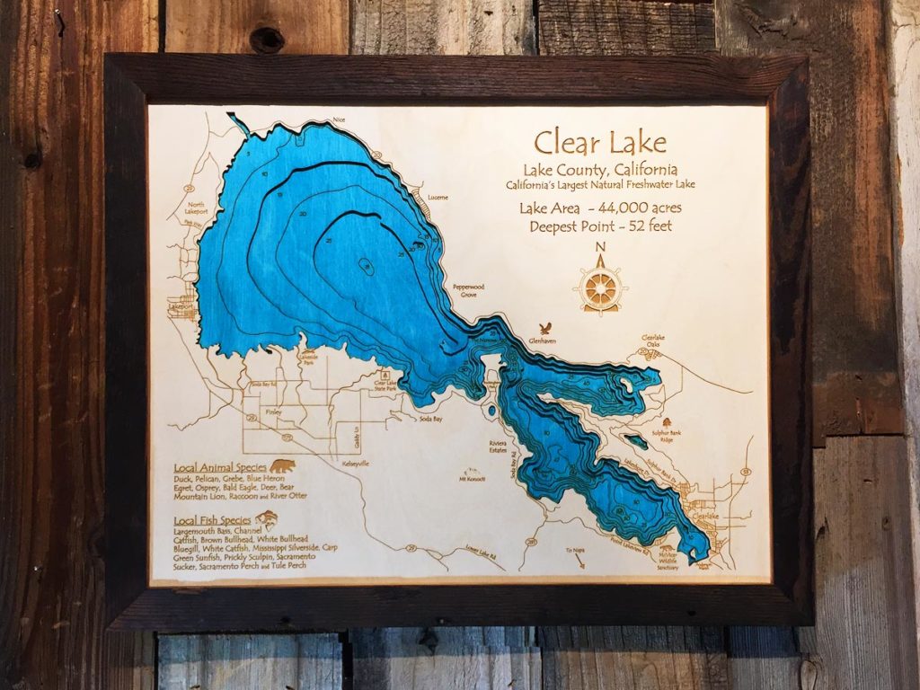 Clear Lake, CA 3-D Nautical Wood Map, 16" x 20"
