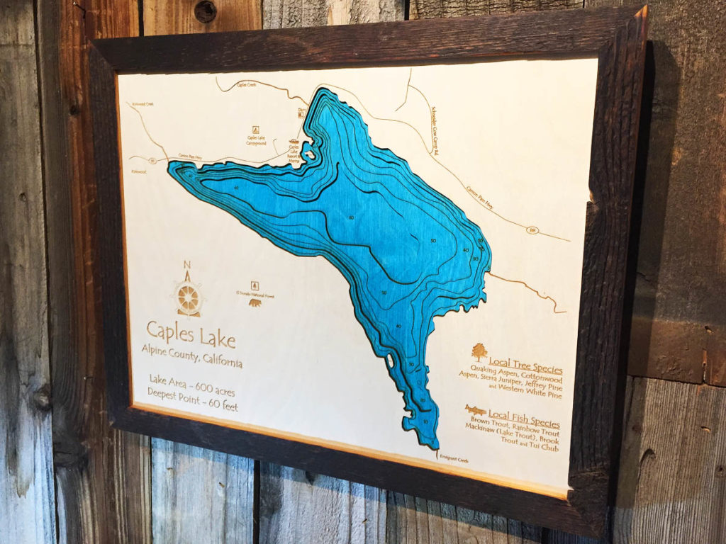 Caples Lake, CA 3-D Nautical Wood Map, 16" x 20"