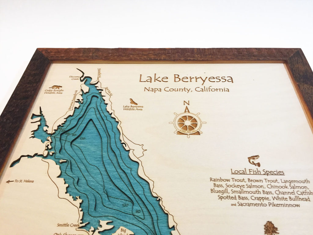 Lake Berryessa, CA 3D Nautical Wood Map, Barnwood Frame, 14" x 18"