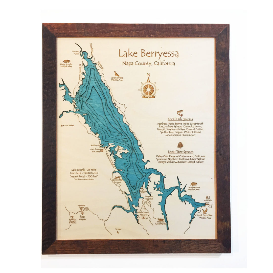 Lake Berryessa, CA 3-D Nautical Wood Map, 16" x 20"