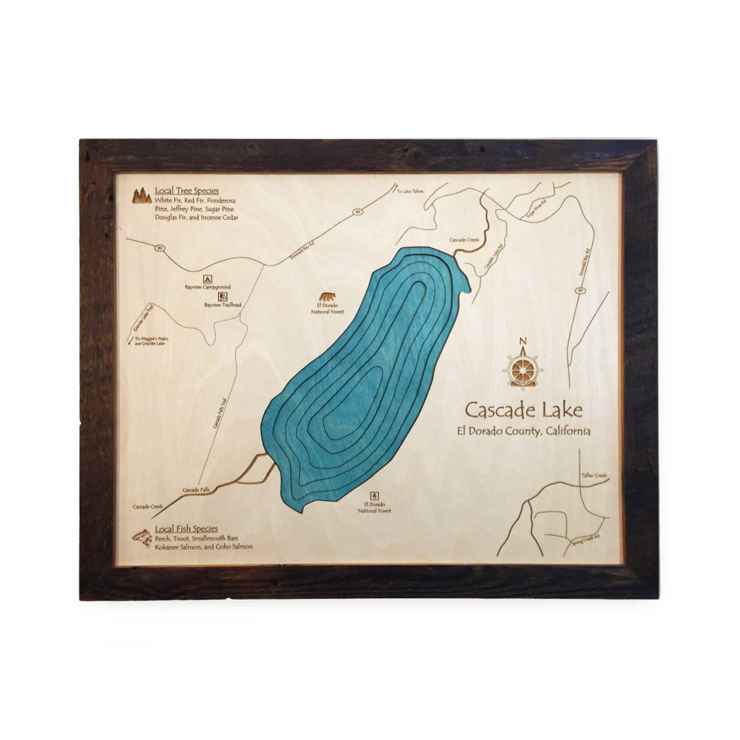 Cascade Lake, CA 3-D Nautical Wood Map, 16" x 20"