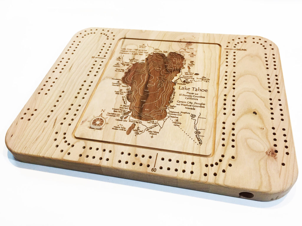 Lake Tahoe Wood Cribbage Board | Laser-etched Wood Map