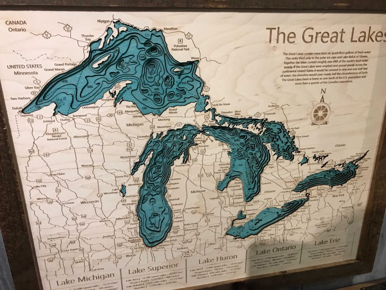 Great Lakes 3D Nautical Wood Map | 3D Framed Map