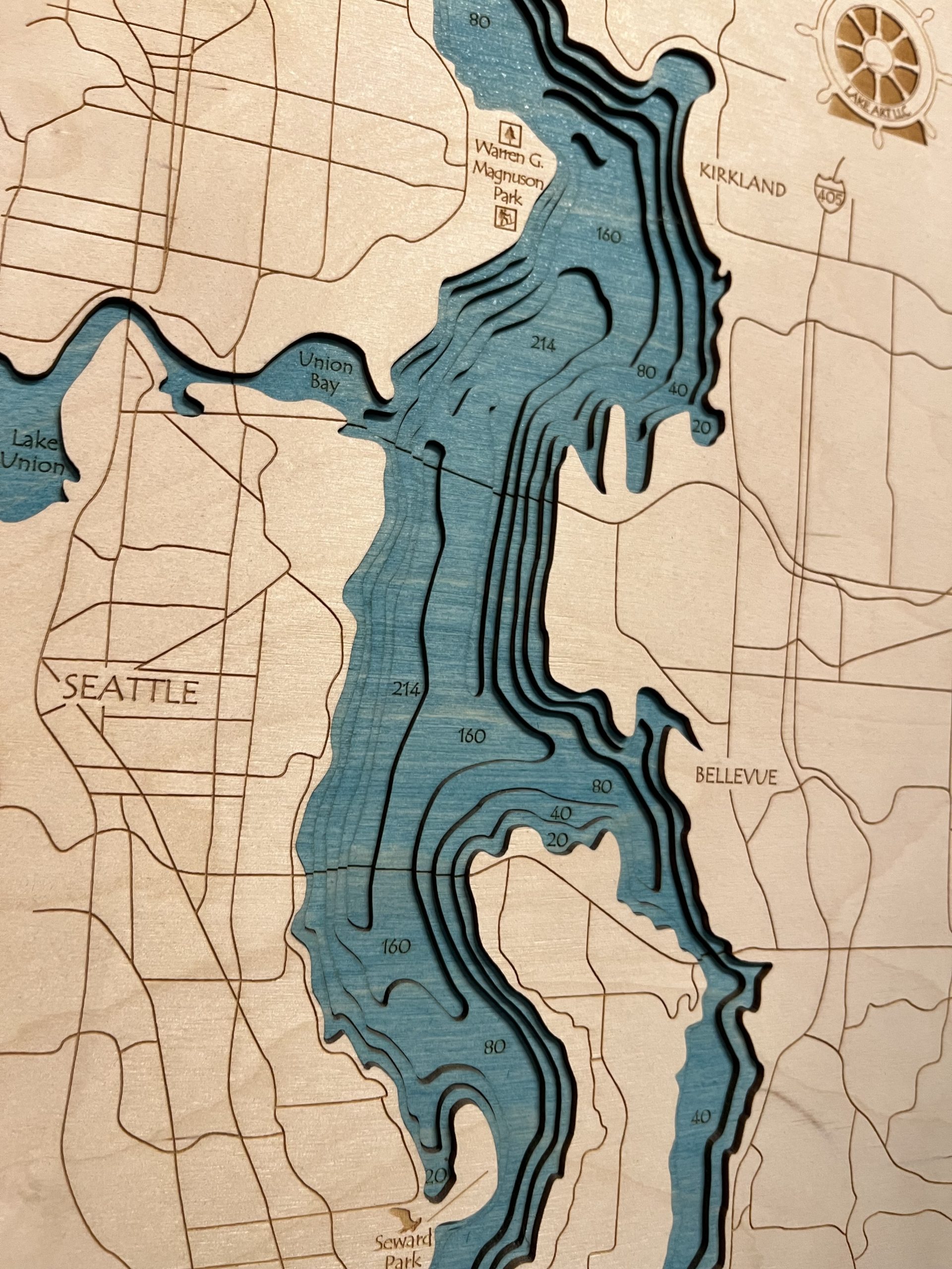 Lake Washington, WA 3-D Nautical Wood Map, 16" x 20" Barnwood