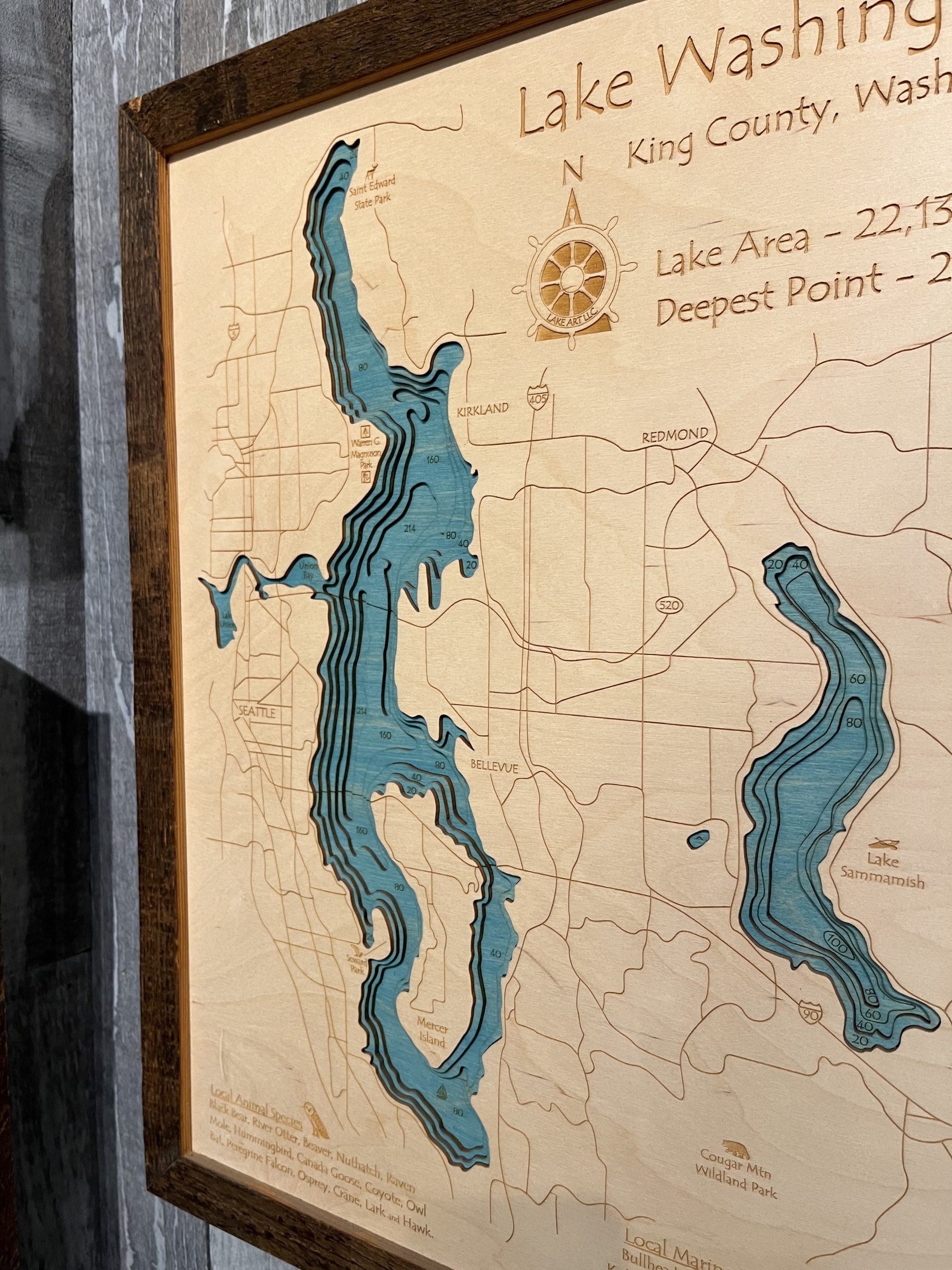 Lake Washington, WA 3-D Nautical Wood Map, 16" x 20" Barnwood