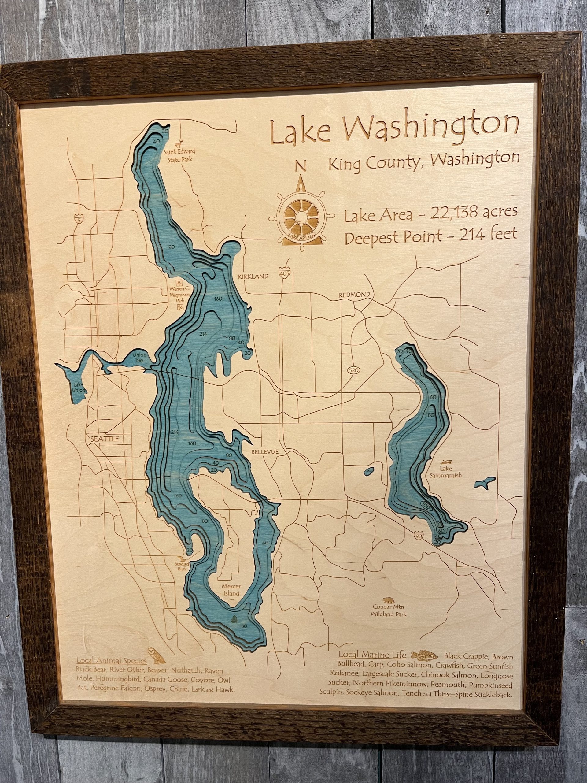 Lake Washington, WA 3-D Nautical Wood Map, 16" x 20" Barnwood