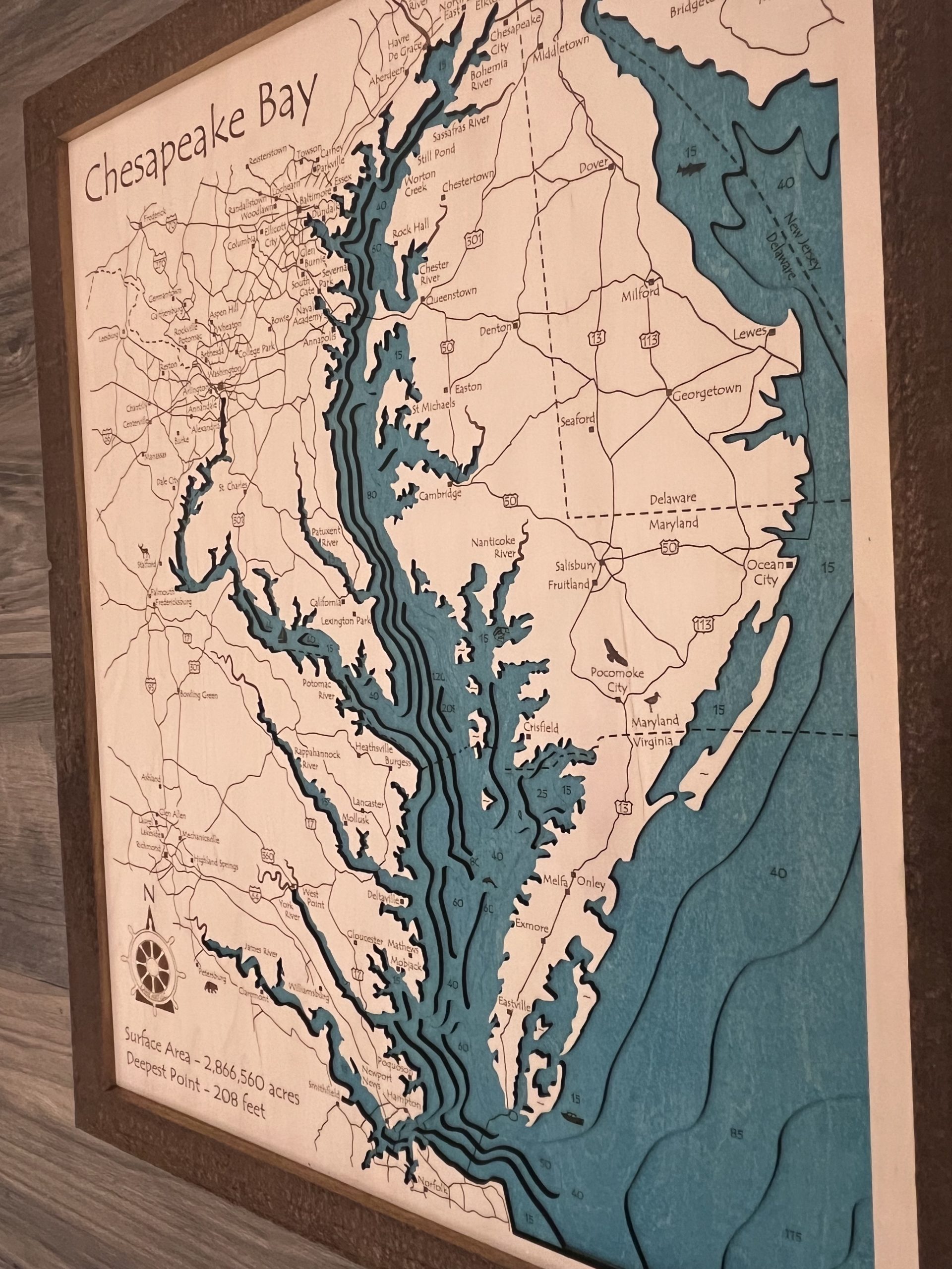 Chesapeake Bay, MD/VA - 3D Wood Map, Custom Nautical Map Art