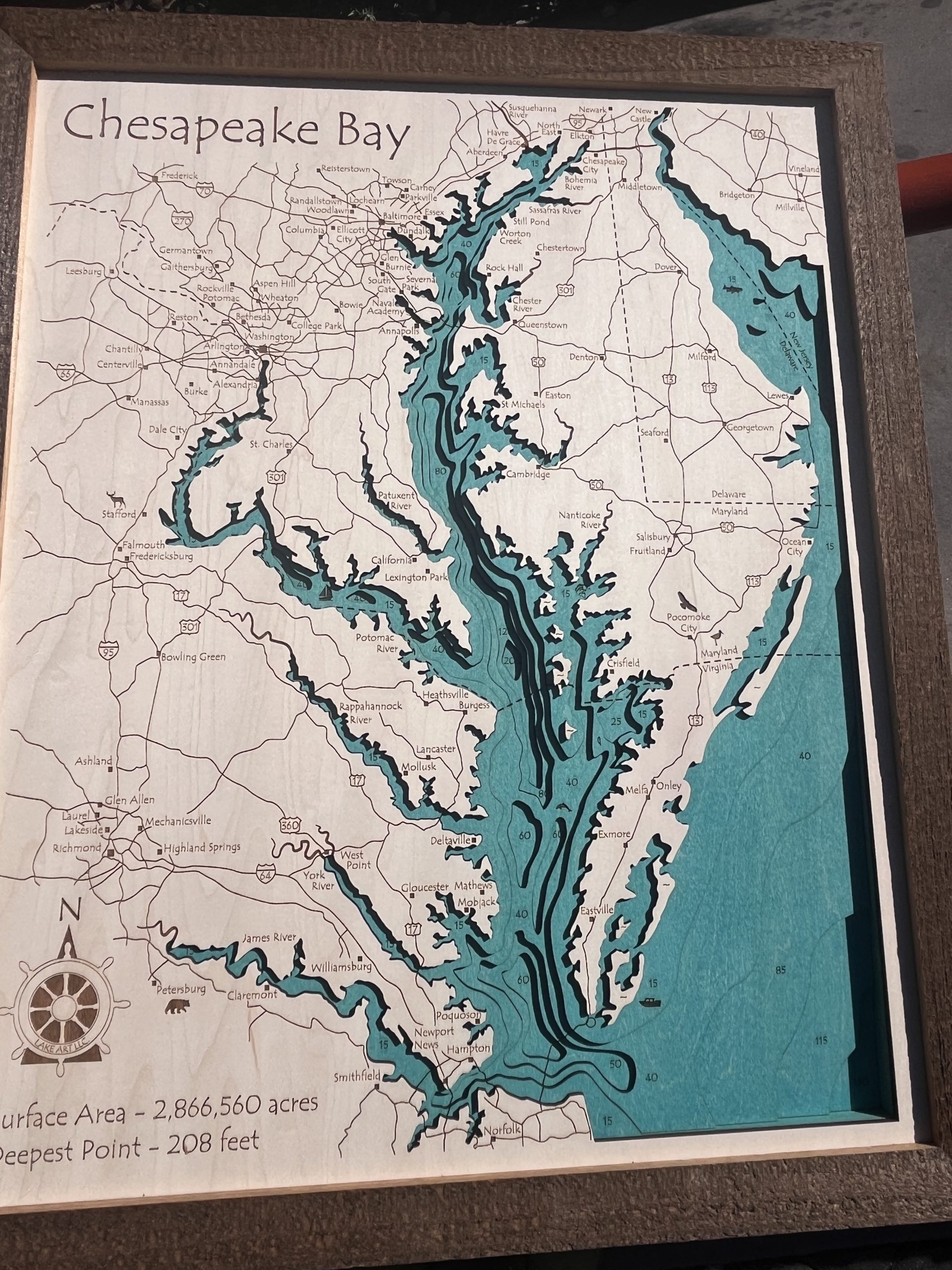 Chesapeake Bay, MD/VA - 3D Wood Map, Custom Nautical Map Art
