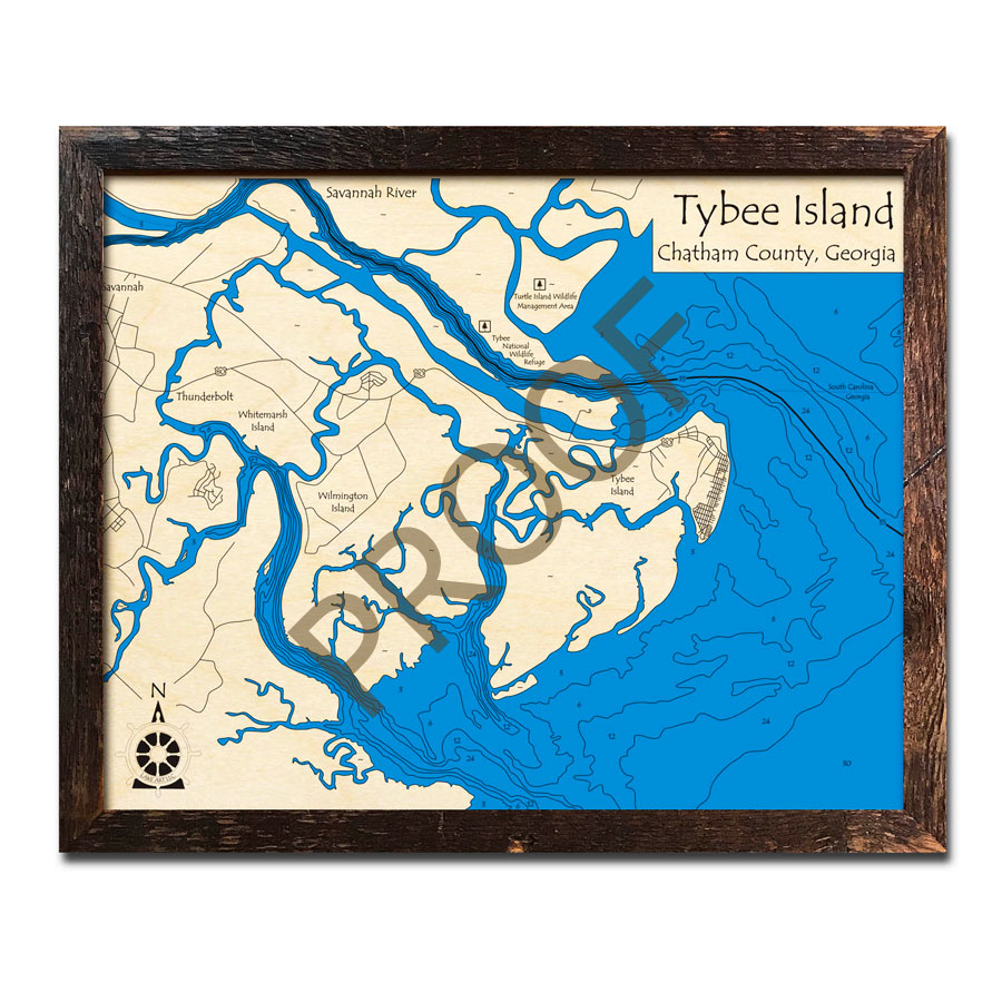 Tybee Island Region, GA 3D Wood Maps, Laser-etched Nautical Decor