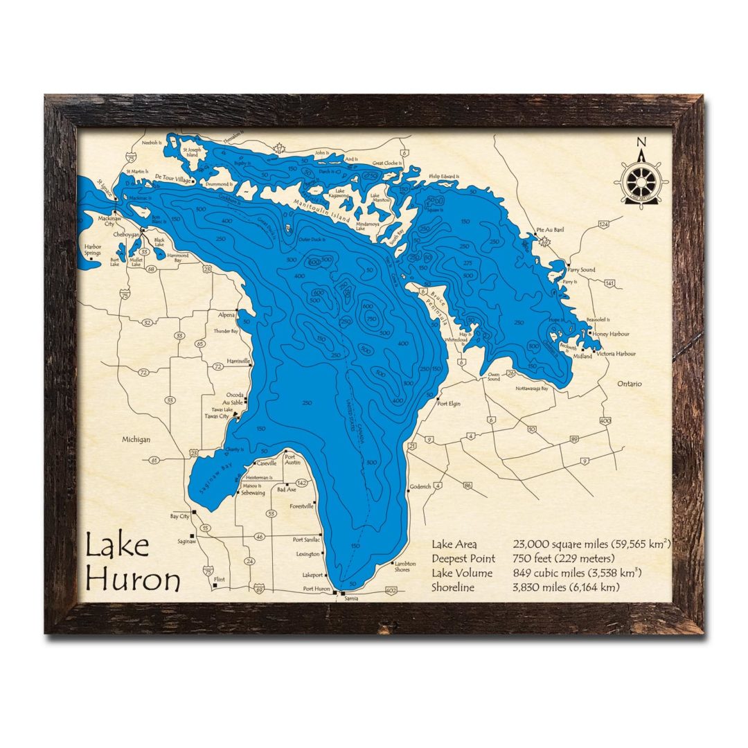Lake Huron 3D Nautical Wood Chart, 16" x 20"