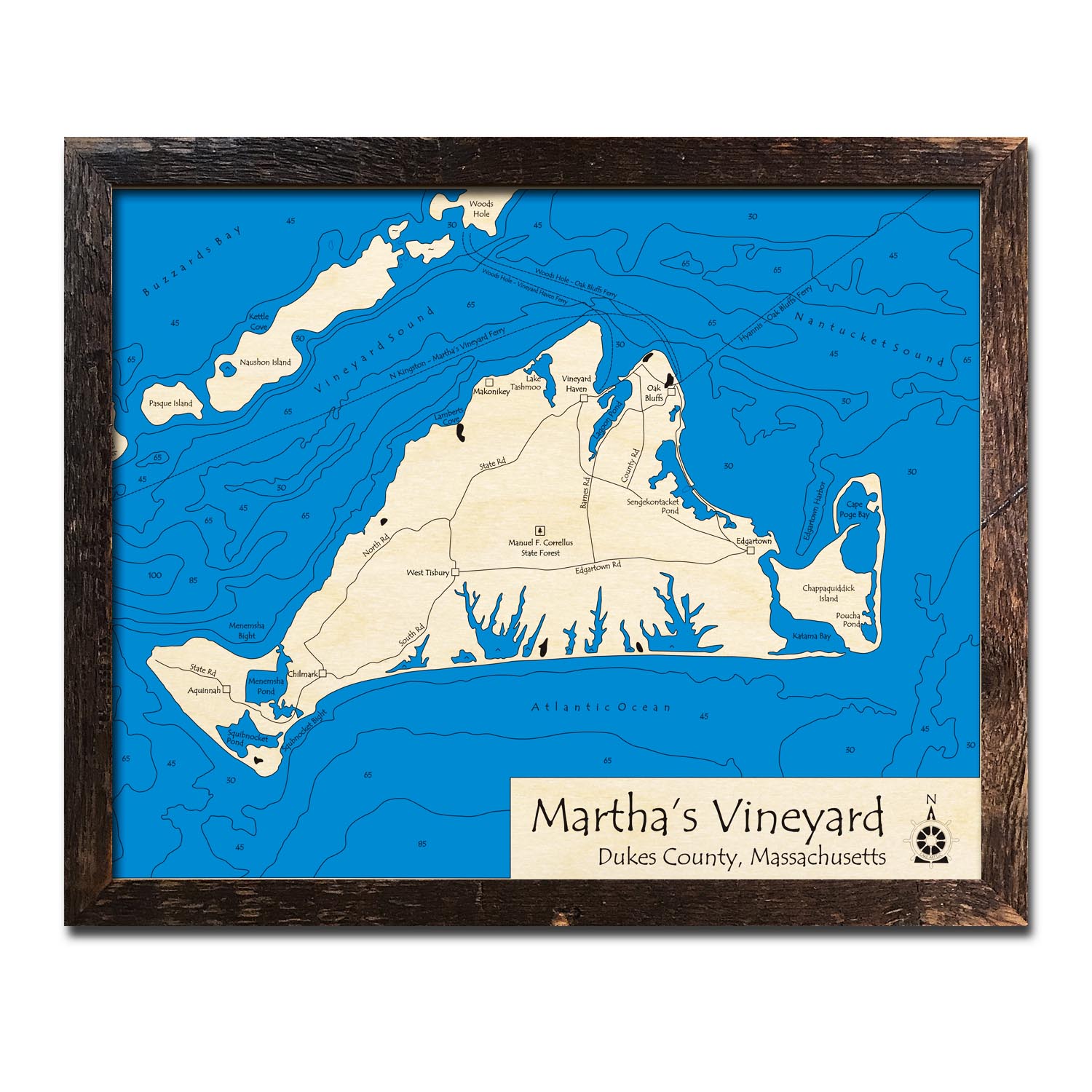 Martha's Vineyard, MA Nautical Wood Maps