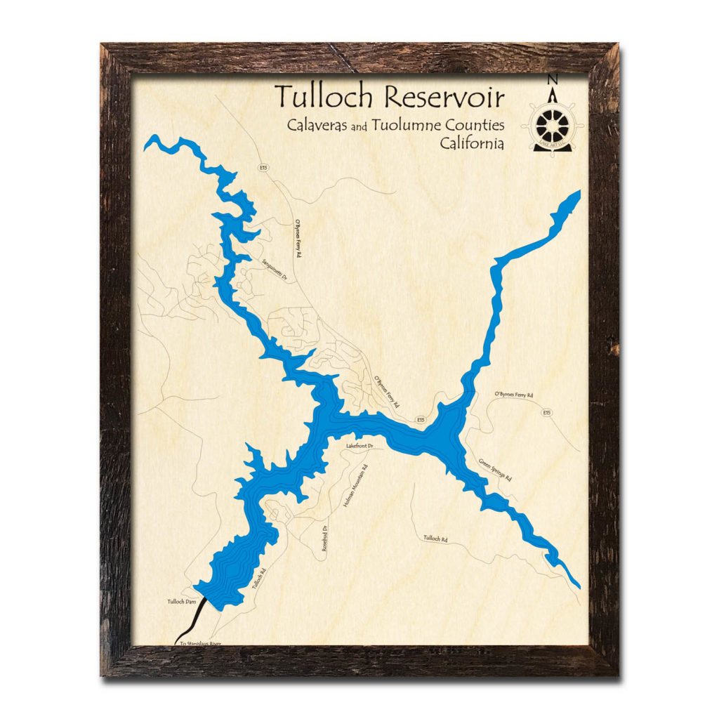 Tulloch Reservoir, CA Wood Map | Framed 3D Topographic Charts