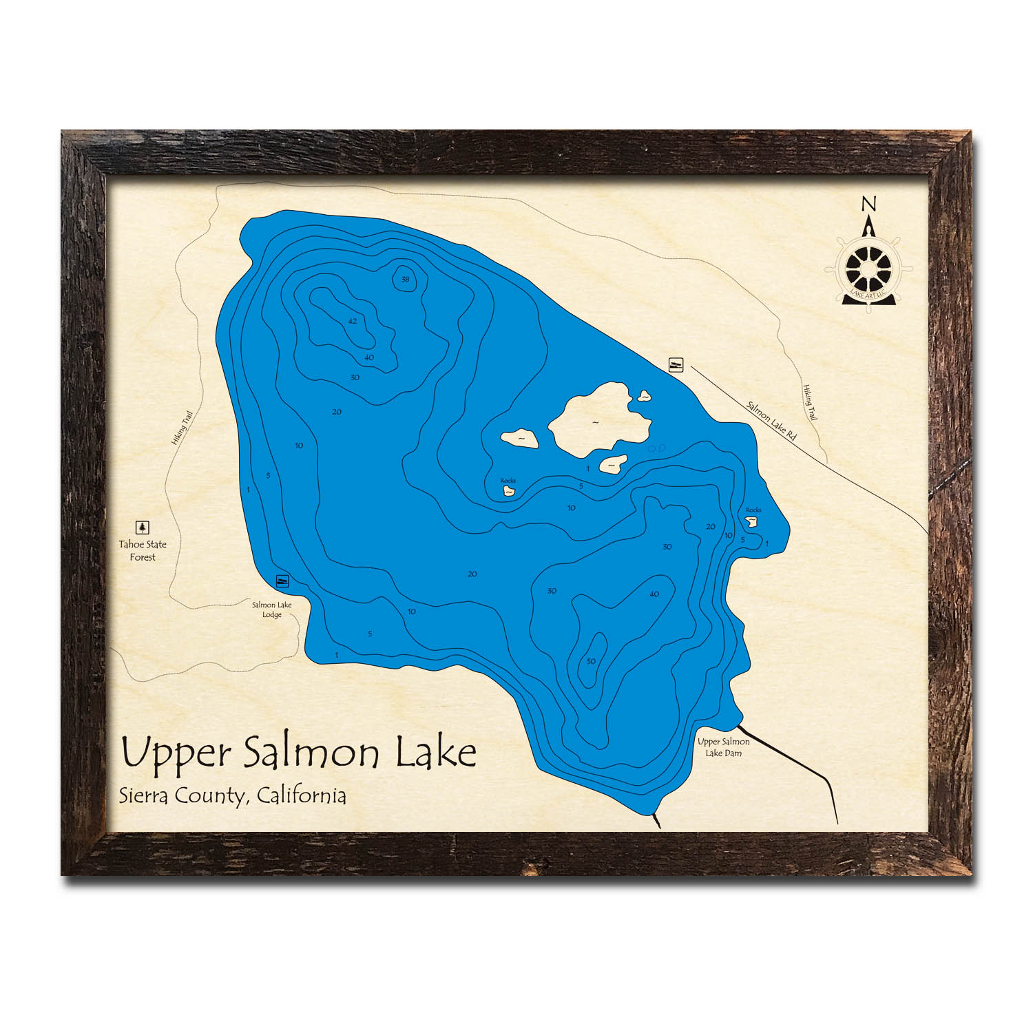 Upper Salmon Lake, CA Wood Map | Framed 3D Topographic Charts