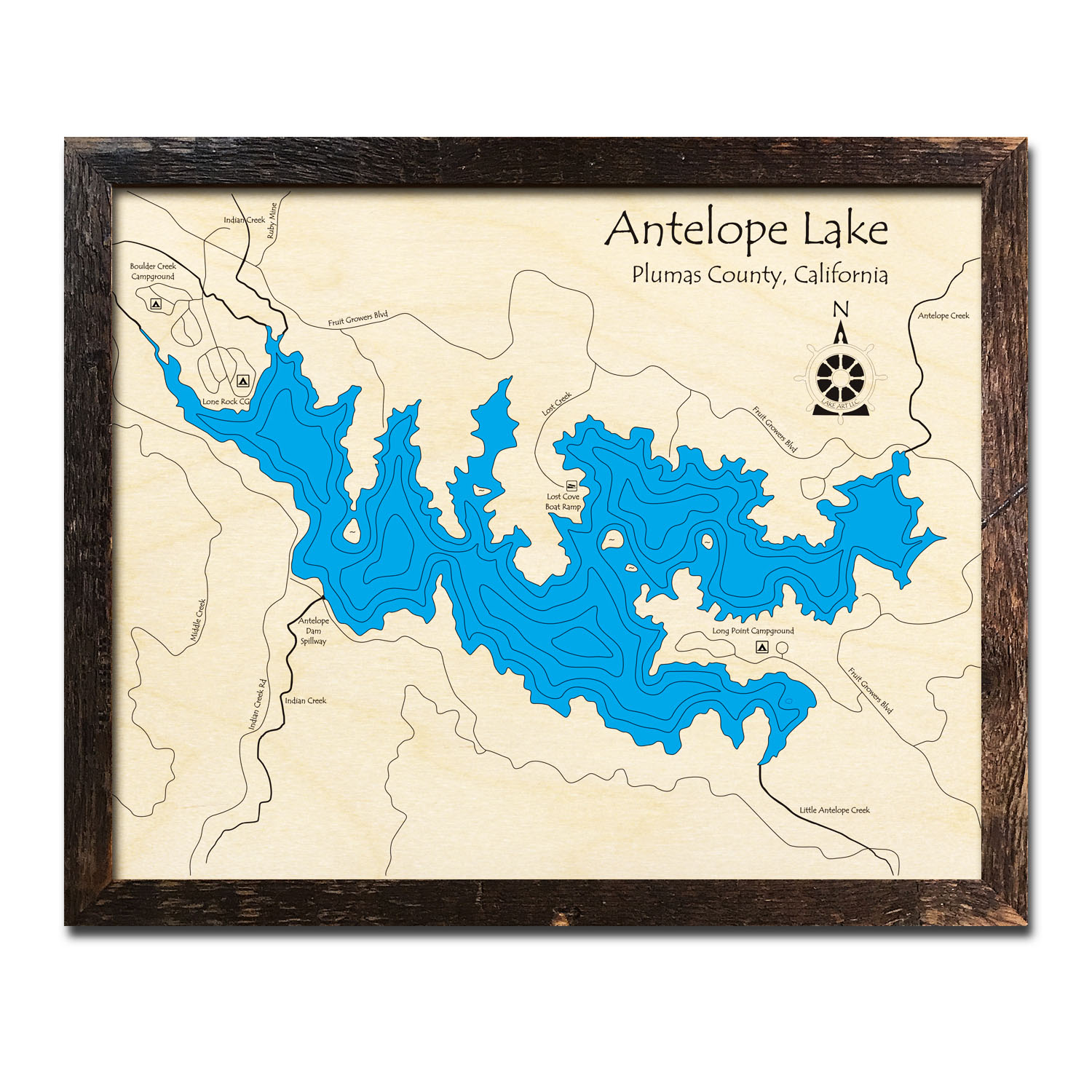 Antelope Lake, CA Nautical Wood Maps