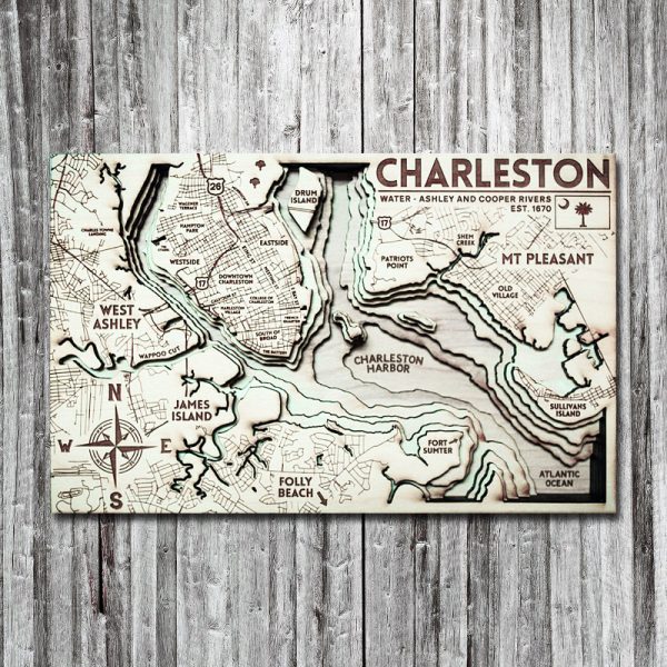 Charleston, SC Wood Map | 3D Topographic Wood Chart
