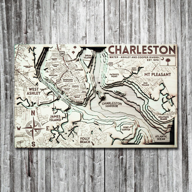 Charleston, SC Wood Map | 3D Topographic Wood Chart