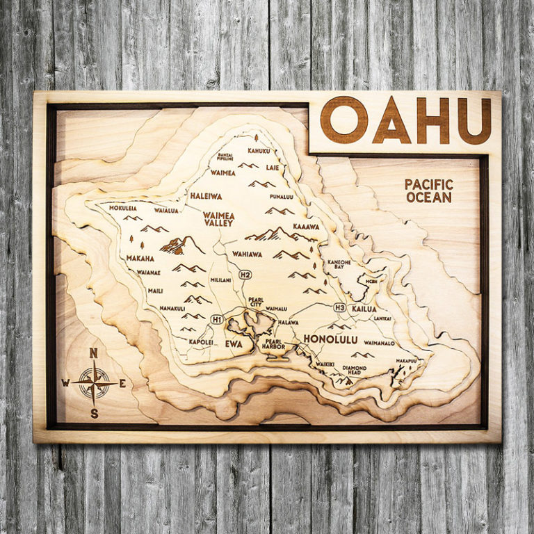 Oahu, HI Wood Map | 3D Nautical Wooden Chart