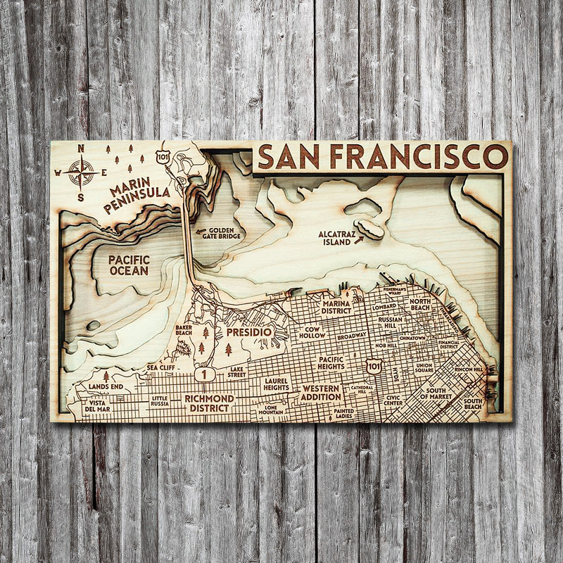 San Francisco with Alcatraz, CA Wood Map | 3D Nautical Chart
