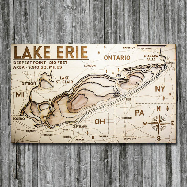 Lake Erie - Great Lakes Wood Map | 3D Topographic Wood Chart